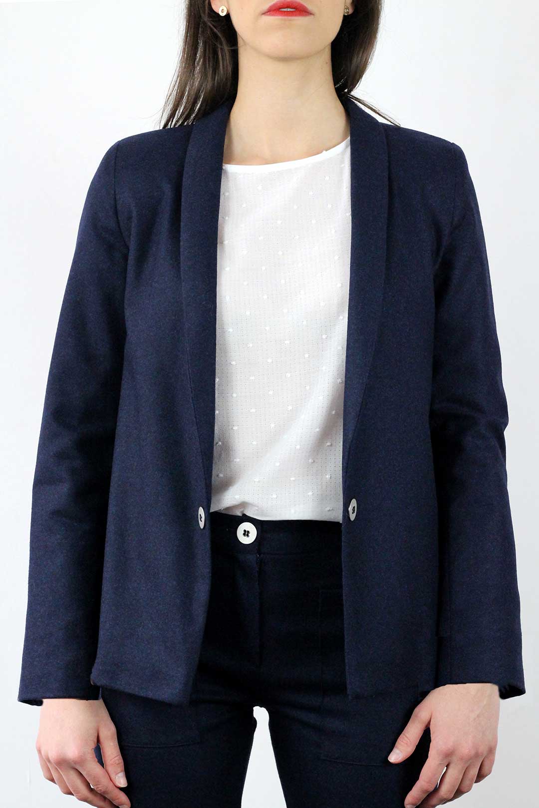 Atode Veste Tailleur Bleu Marine Femme En Laine Flanelle Made In France