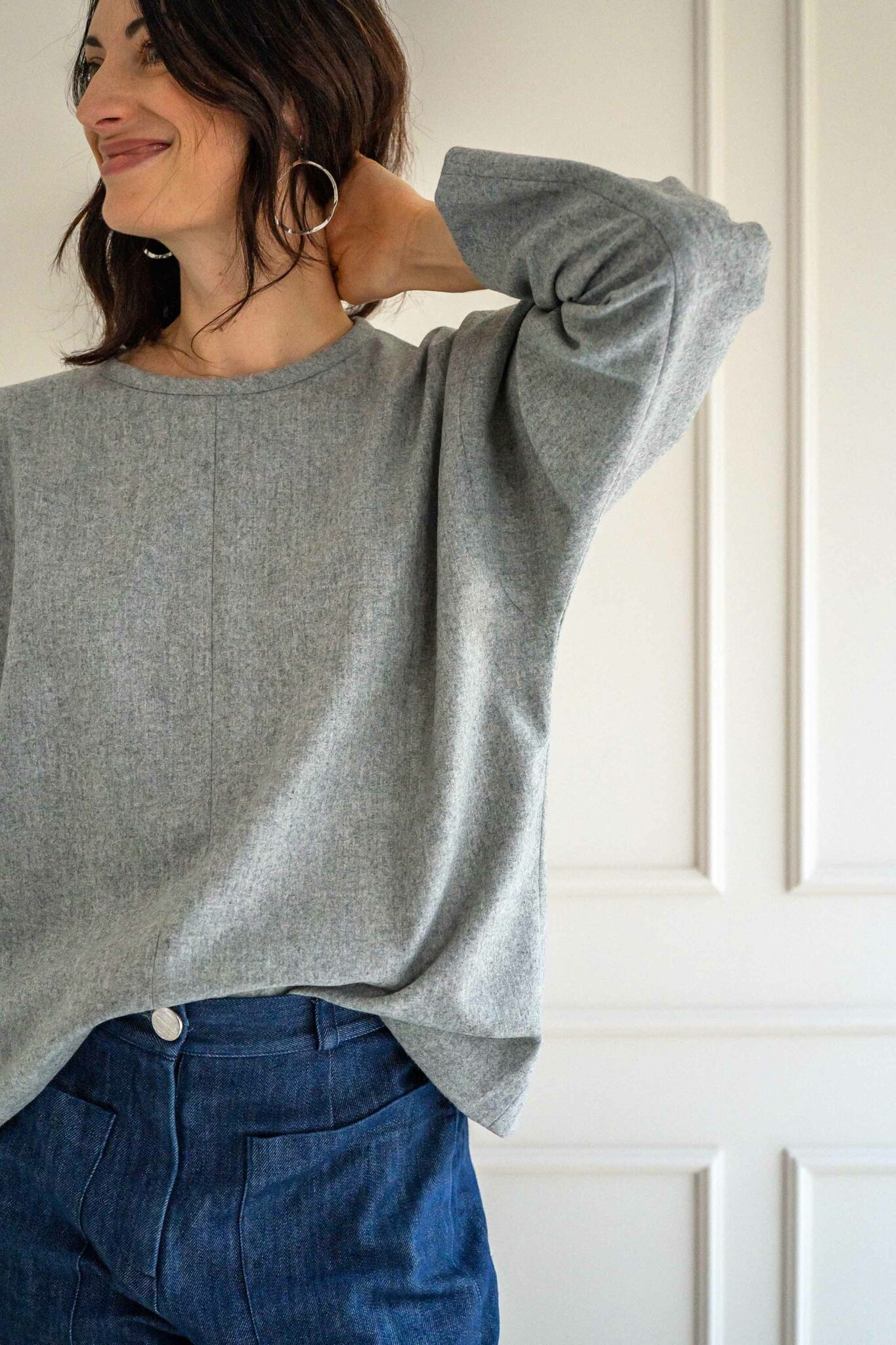 Pull gris femme coupe oversize en laine flanelle Chiara ATODE